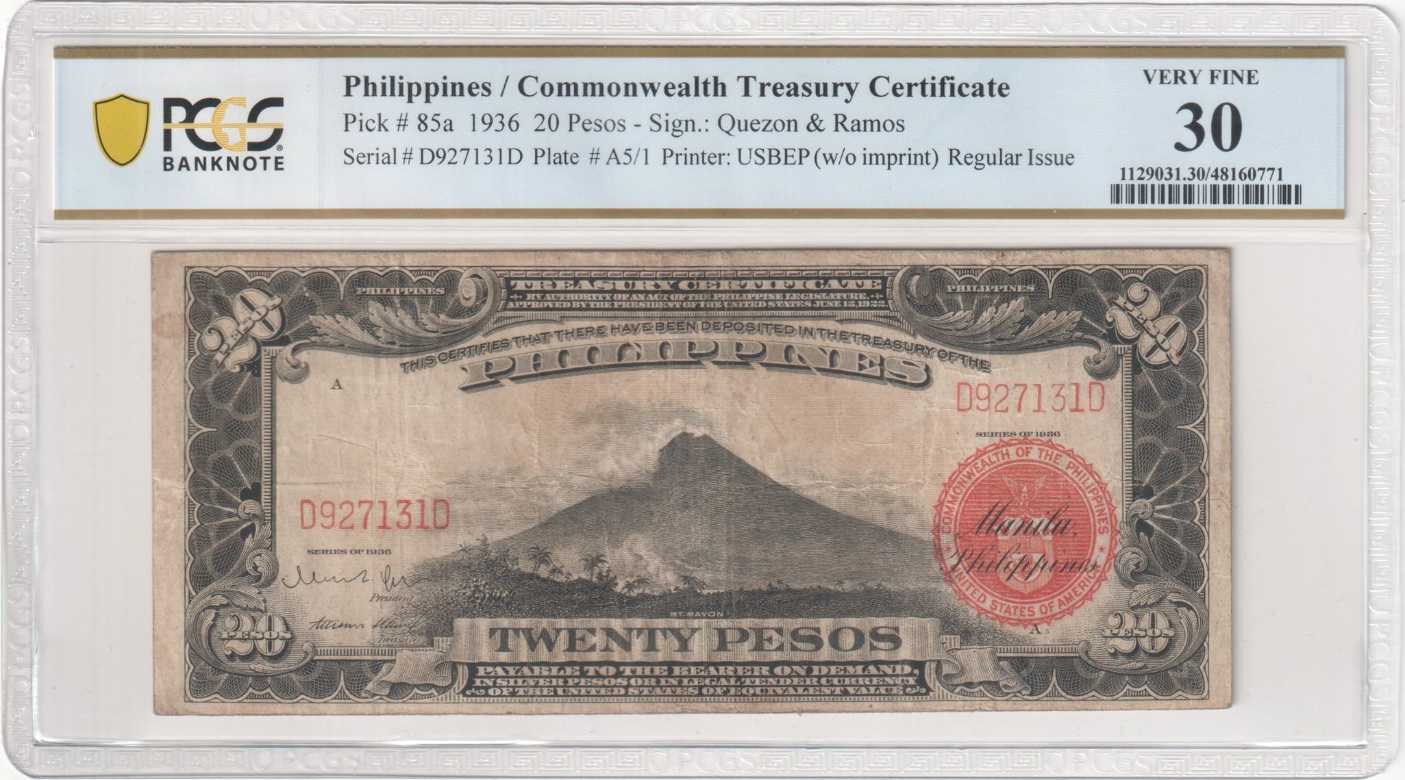 Pick # 85a 1936 20 Pesos Commonwealth Treasury Certificate USBEP (w/o ...