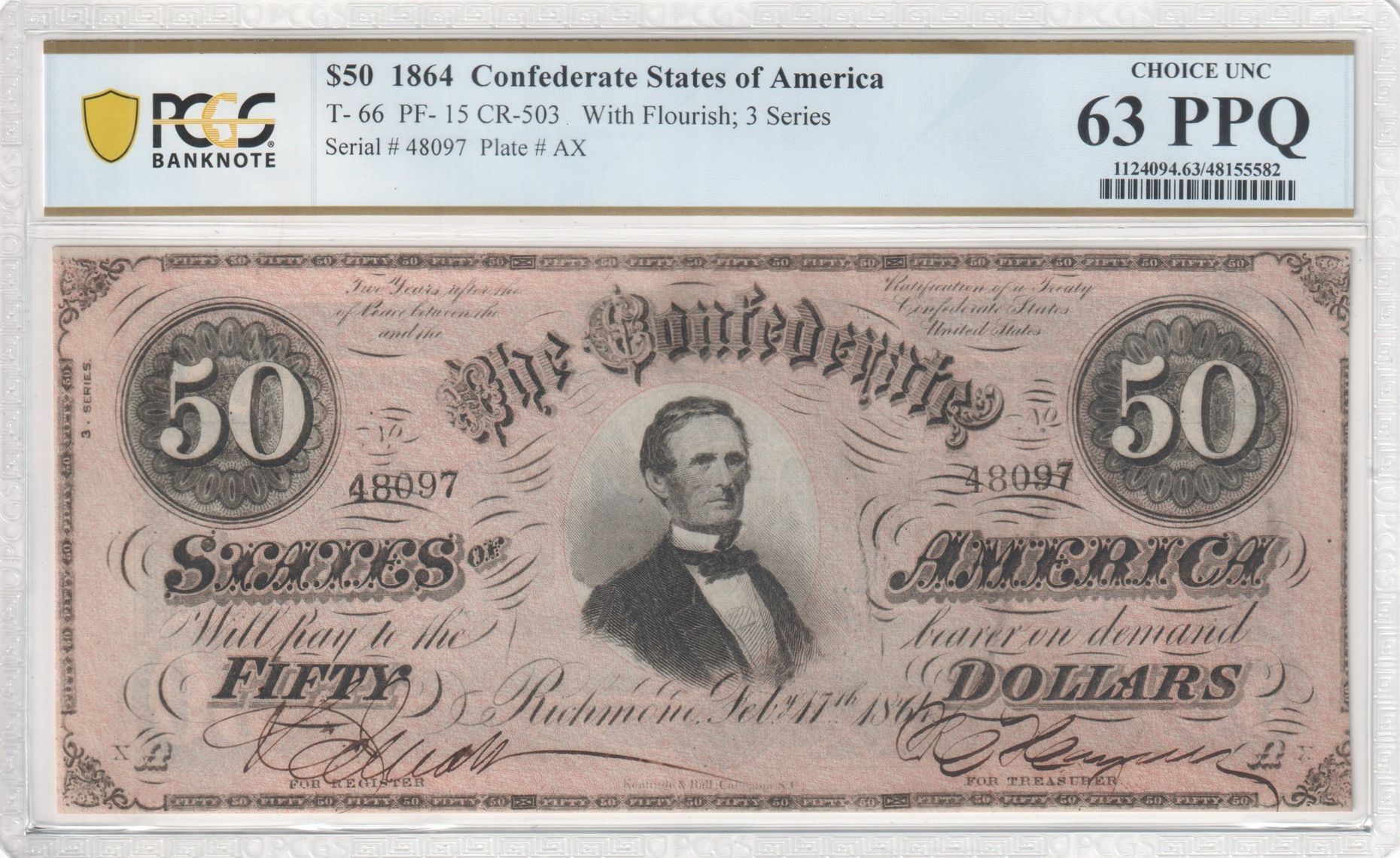 T- 66 1864 $50 Confederate States of America With Flourish; 3 Series ...