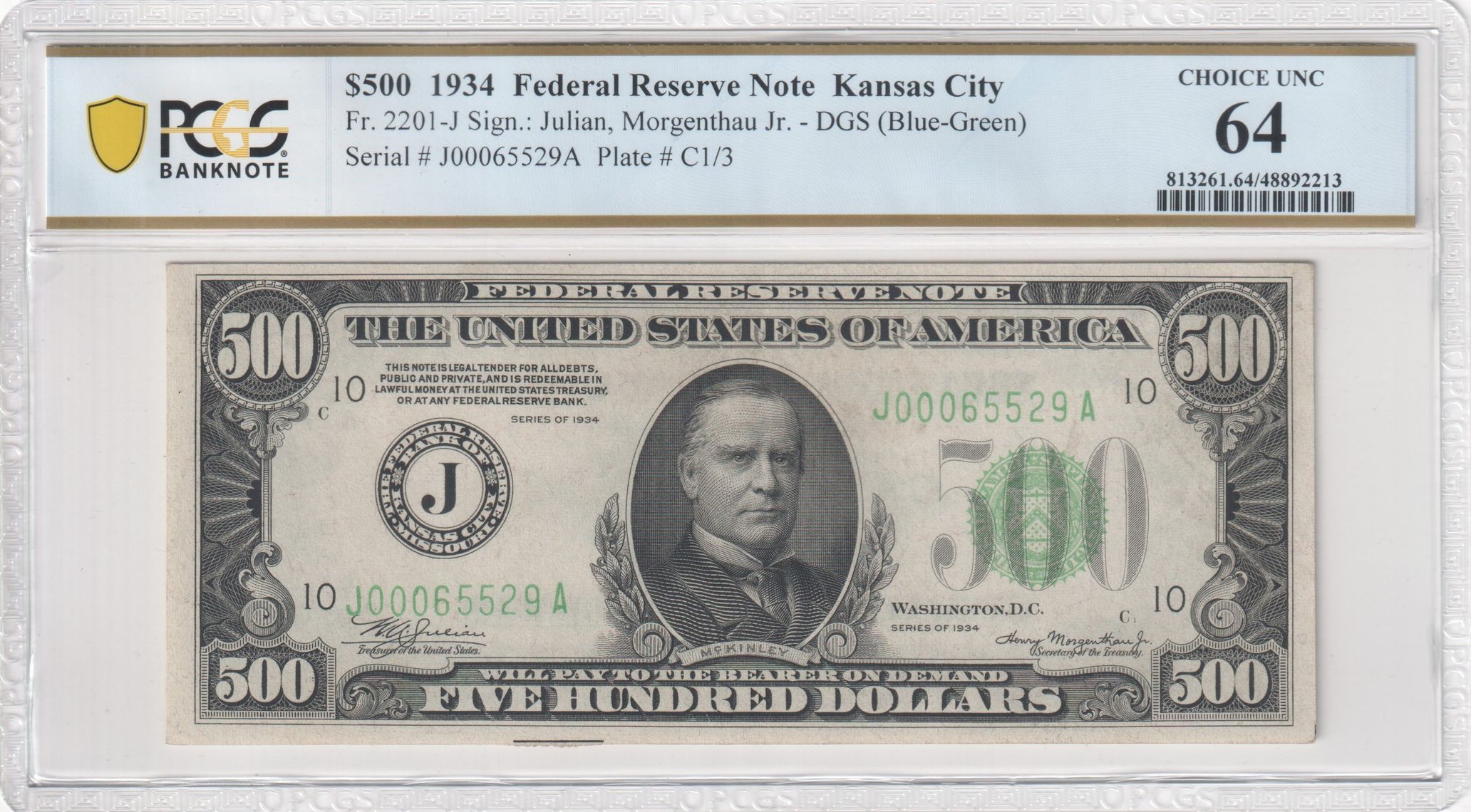 Fr. 2201-J 1934 $500 DGS (Blue-Green) Federal Reserve Note Kansas City ...