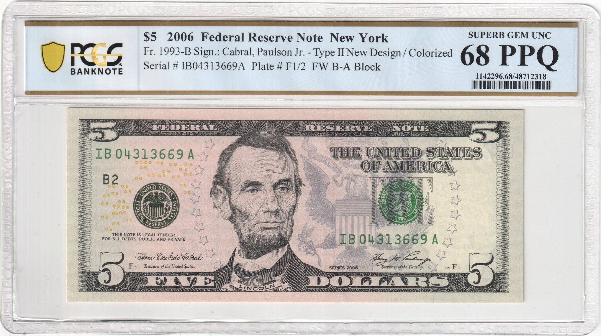 Fr. 1993-B 2006 $5 Type II New Design / Colorized Federal Reserve Note ...