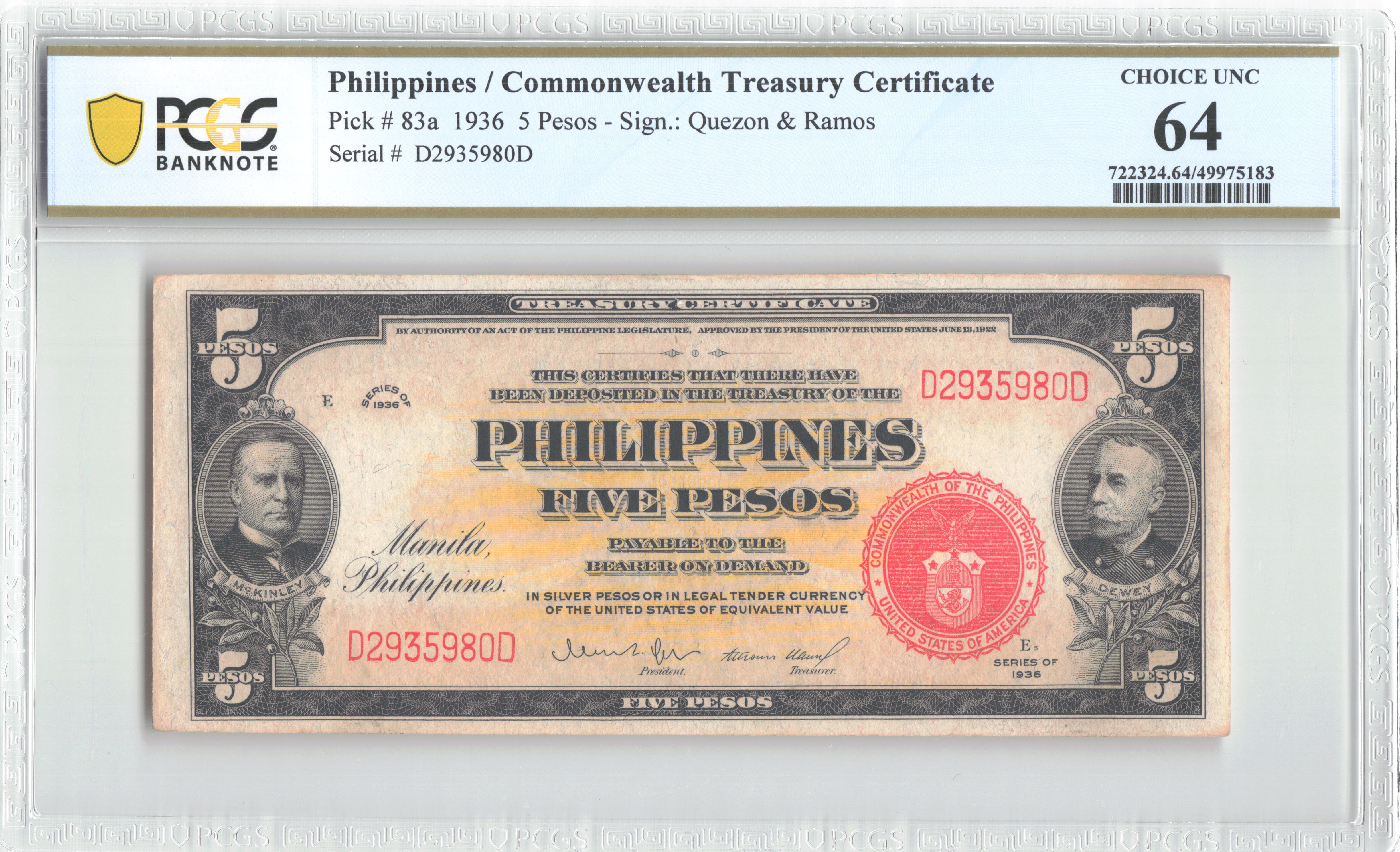 Pick # 83a 1936 5 Pesos Commonwealth Treasury Certificate Sign.: Quezon ...
