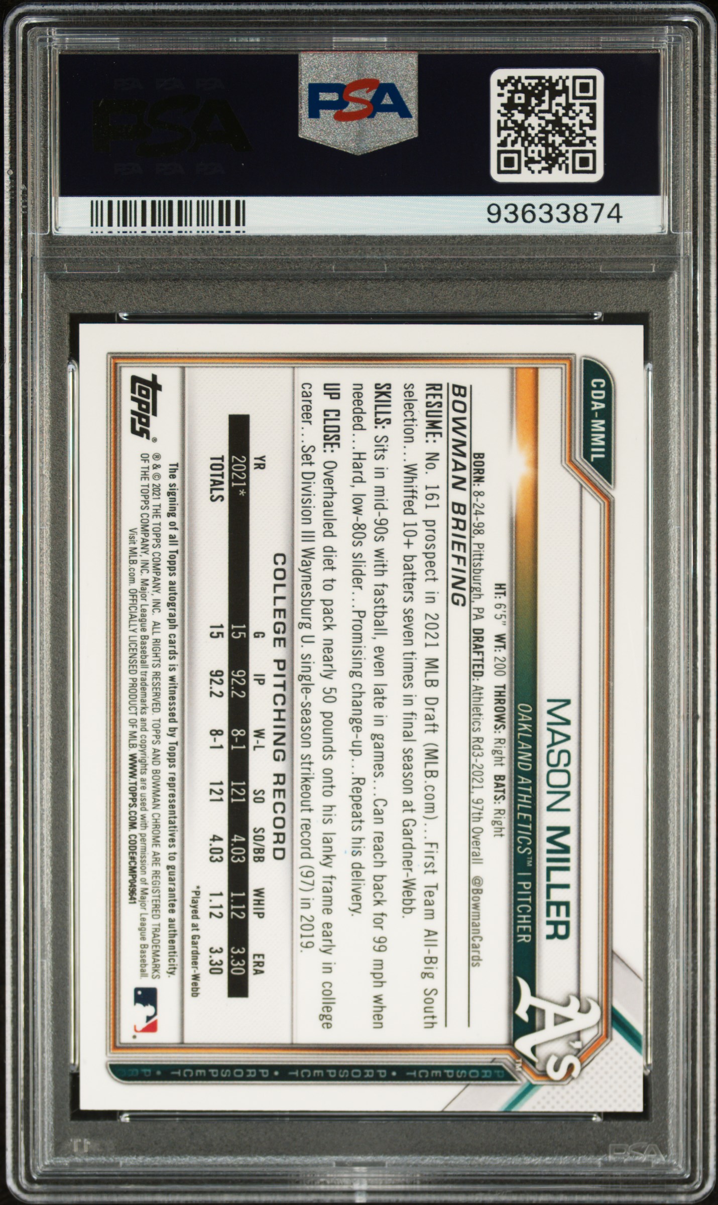 2021 MASON MILLER BOWMAN DRAFT CHROME DRAFT PICK AUTOGRAPHS CHROME DP ...