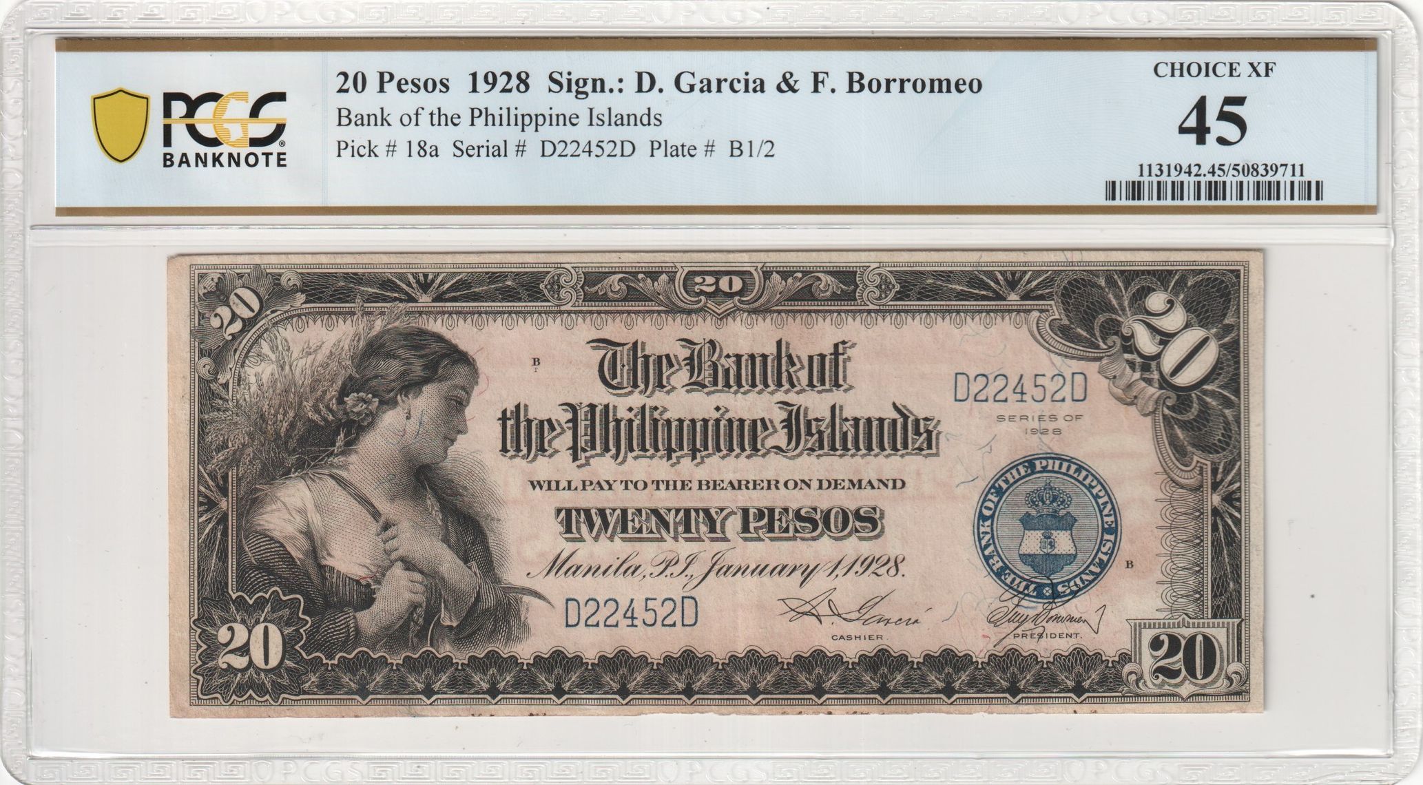 Pick # 18a 1928 20 Pesos Bank of the Philippine Islands USBEP (w/o ...