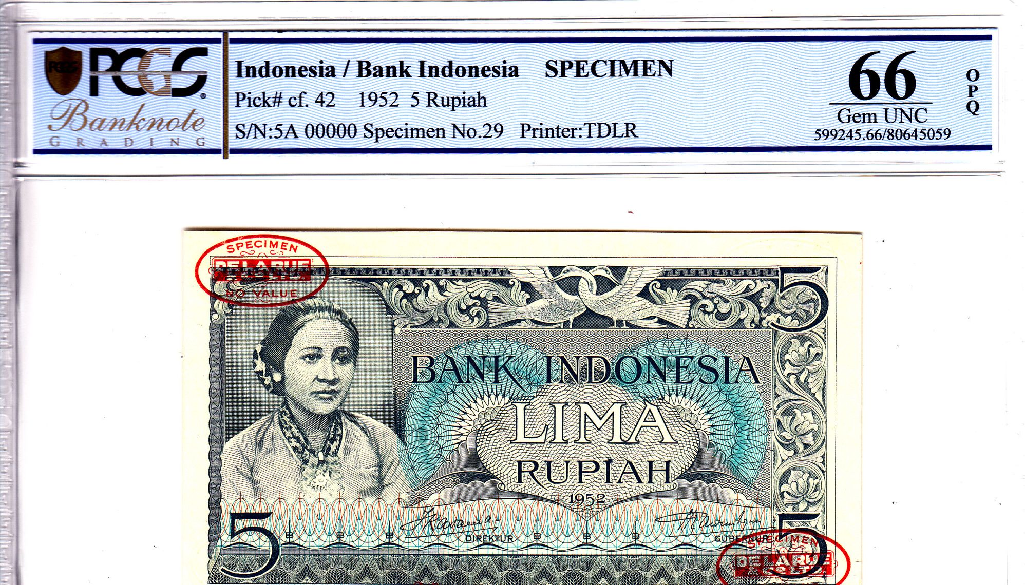 Pick # cf. 42 1952 5 Rupiah SPECIMEN 67 Bank Indonesia TDLR - PCGS ...