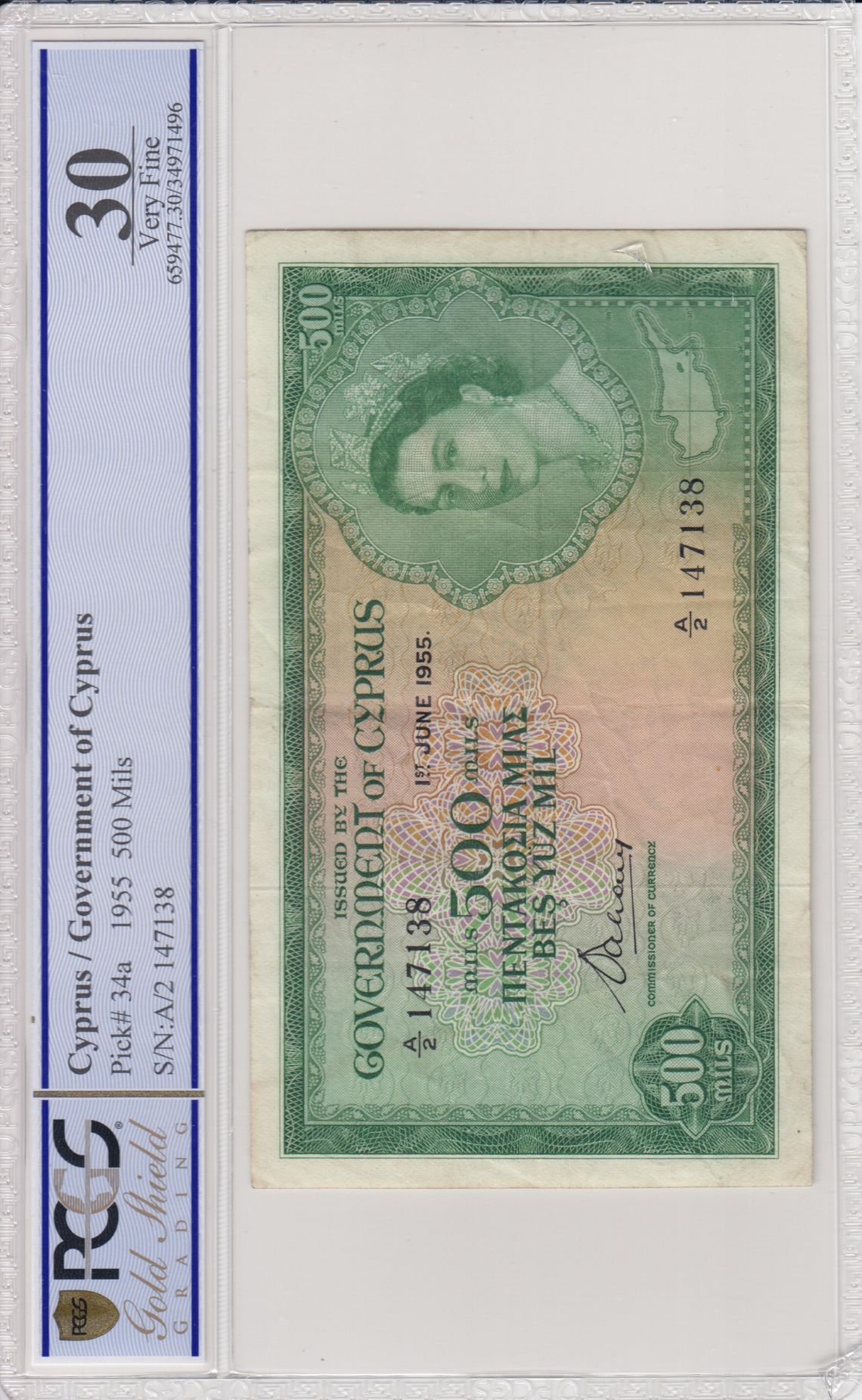 Pick # 34a 1955 500 Mils Government of Cyprus Wmk: Eagle's Head - PCGS ...